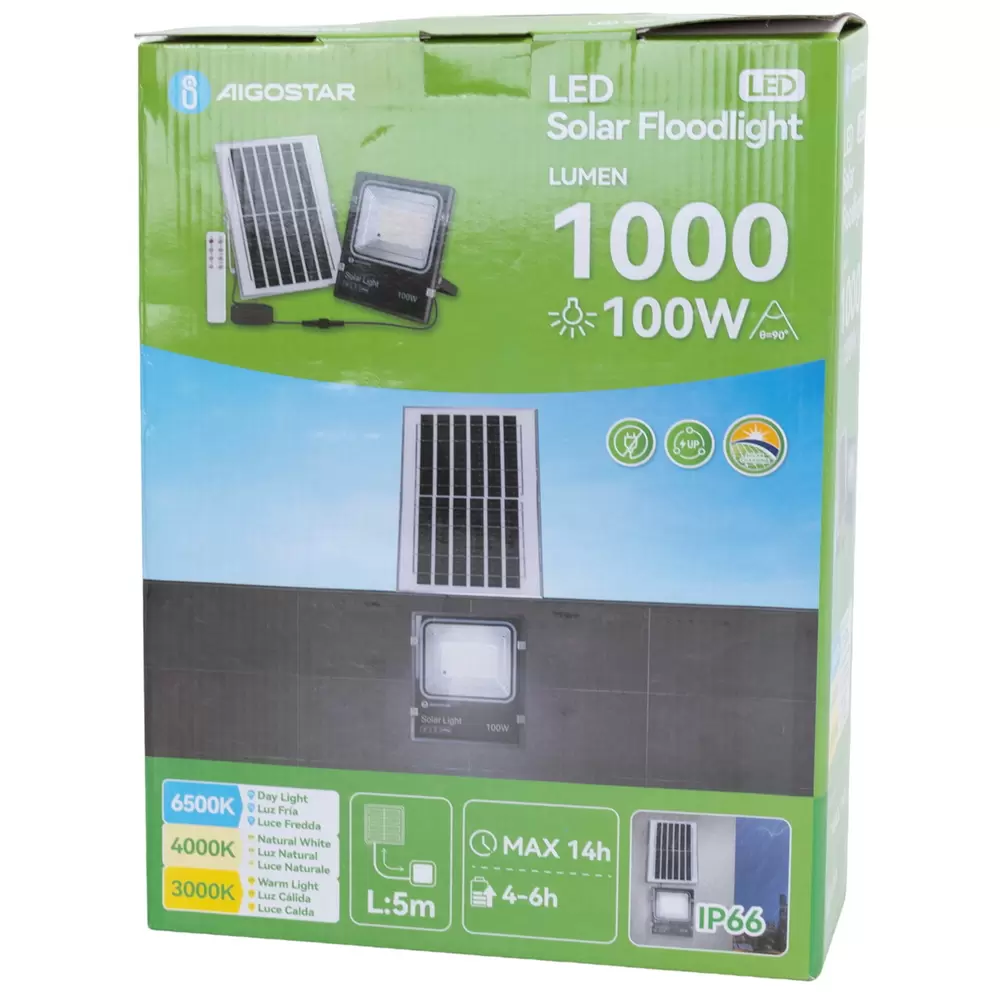 Αδιάβροχος ηλιακός προβολέας 100W με πάνελ και τηλεχειριστήριο Aigostar ...