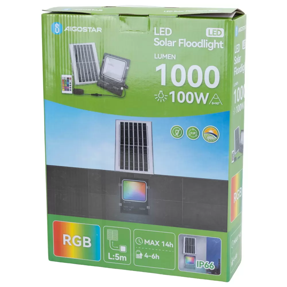Αδιάβροχος ηλιακός προβολέας RGB 100W με πάνελ και τηλεχειριστήριο ...