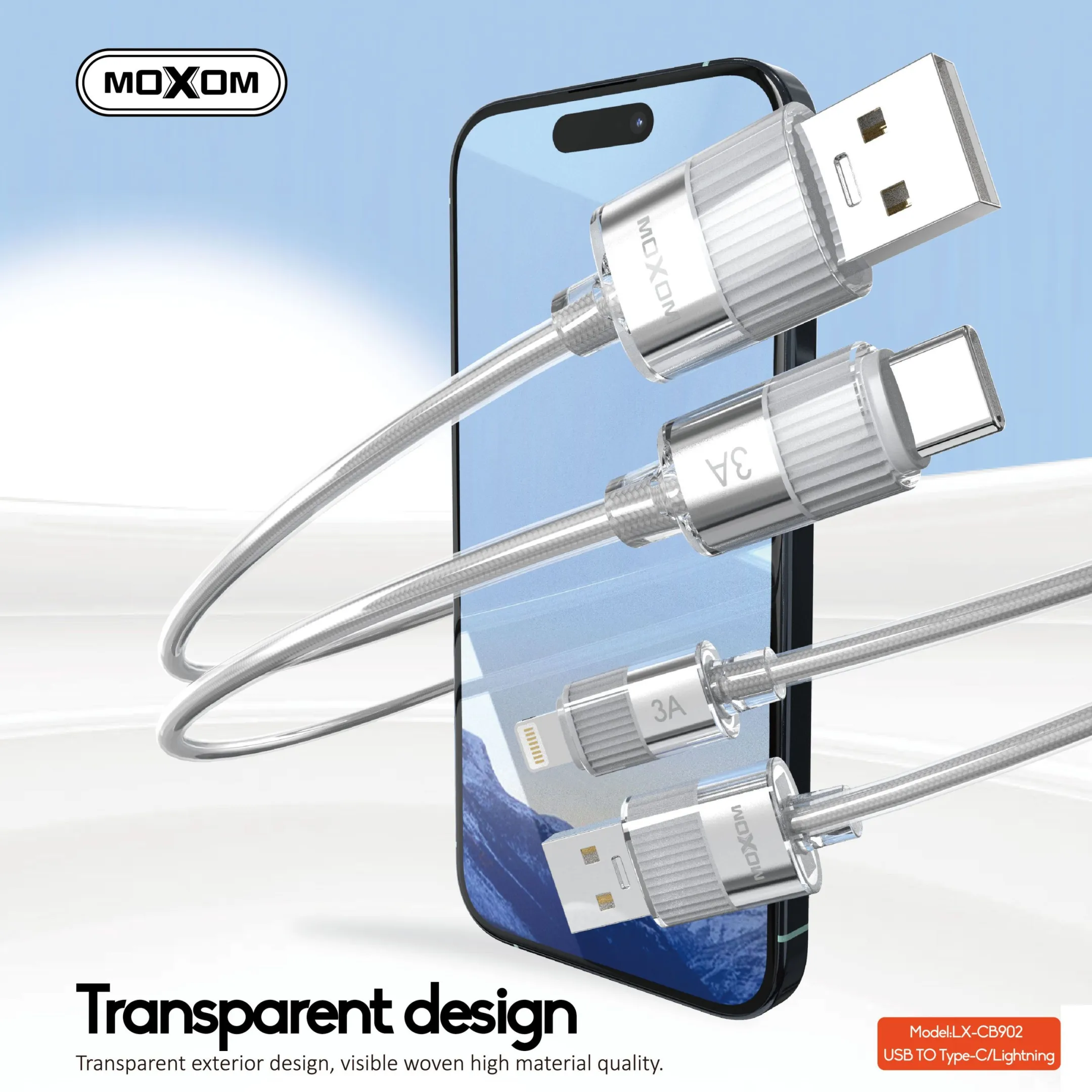 Καλώδιο Φόρτισης Και Δεδομένων USB σε Type-C 3A Διαφανές 1.2m Moxom LX ...